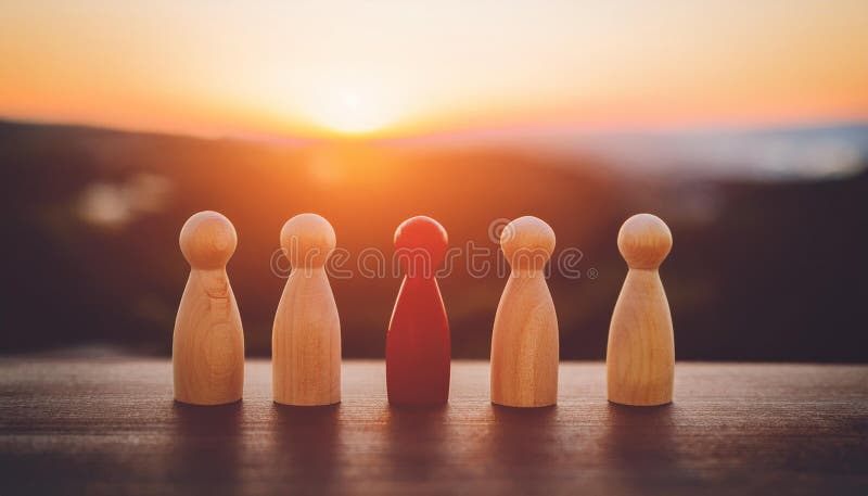 Wooden Human Figures Against Sunset. Unity and Teamwork Concept Stock ...