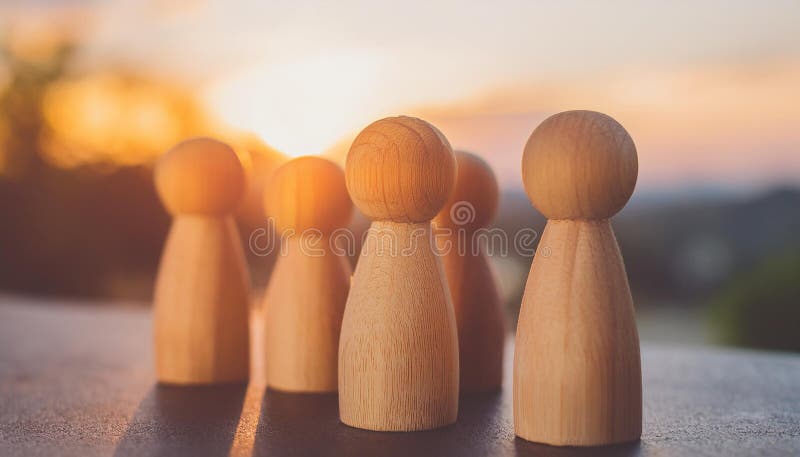 Wooden Human Figures Against Sunset. Unity and Teamwork Concept Stock ...
