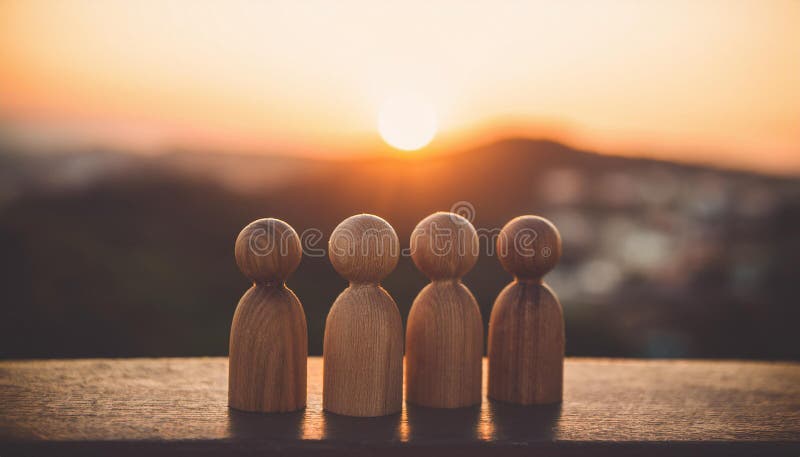 Wooden Human Figures Against Sunset. Unity and Teamwork Concept Stock ...