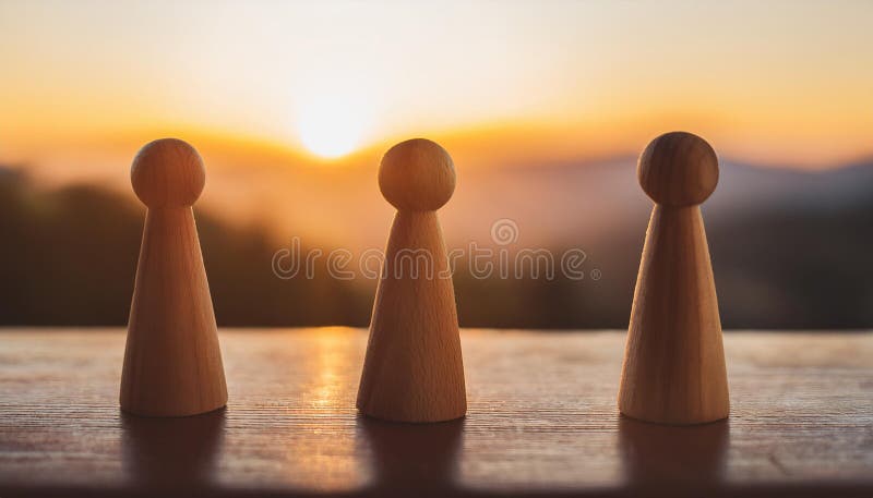 Wooden Human Figures Against Sunset. Unity and Teamwork Concept Stock ...