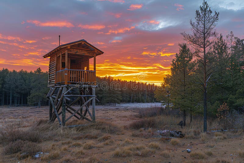 A Wooden Hunting Tower in the Middle of an Open Field Surrounded Stock ...