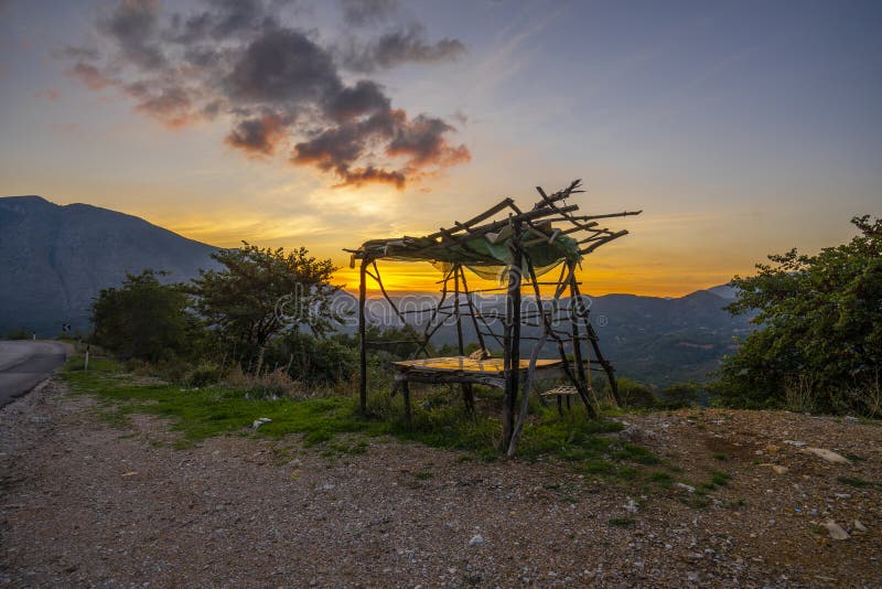 Wooden Hut with Table in the Forest Stock Image - Image of ...