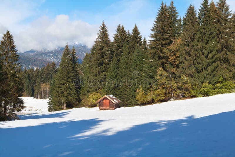 Wooden Hut in Winter Alpine Forest Stock Image - Image of bavarian ...