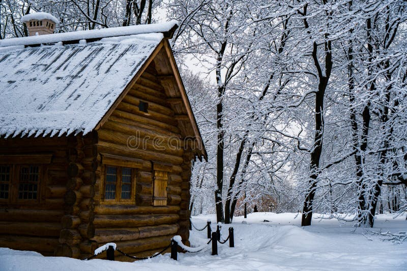 Wooden Hut in Winter Forest Stock Photo - Image of background, scenery ...