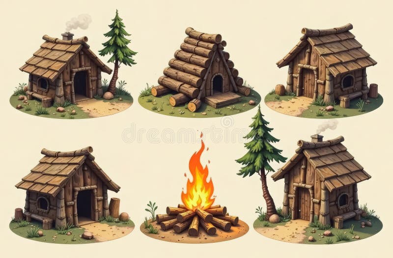 Wooden Huts, a House with a Coniferous Tree and a Burning Campfire ...