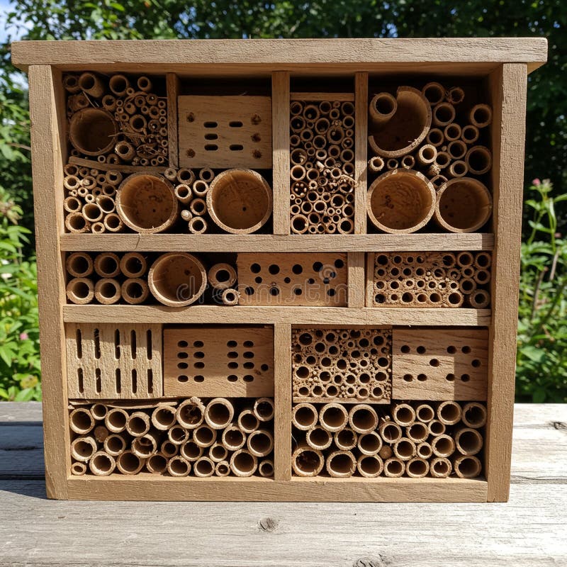 Wooden Insect Hotel Composed of Various Hollow Bamboo Tubes and Drilled ...