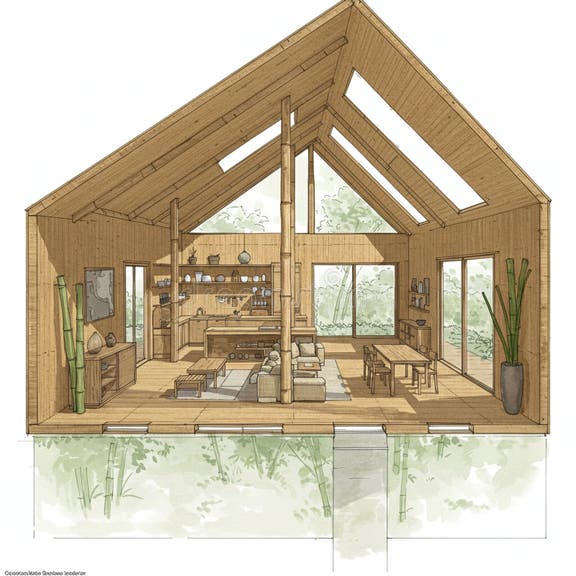 Wooden Interior Cross-section of a House with a High-vaulted Ceiling ...