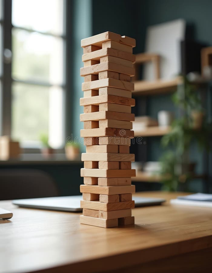 Wooden Jenga Tower Stands on Office Table. Concept of Business Risk ...