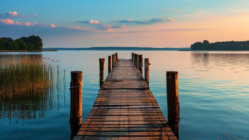 Wooden Jetty on a Lake at Sunset with Mountains in the Background Stock ...