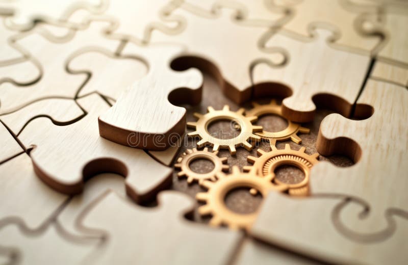 Wooden Jigsaw Puzzle Pieces with Golden Cogs, Gears Positioned ...