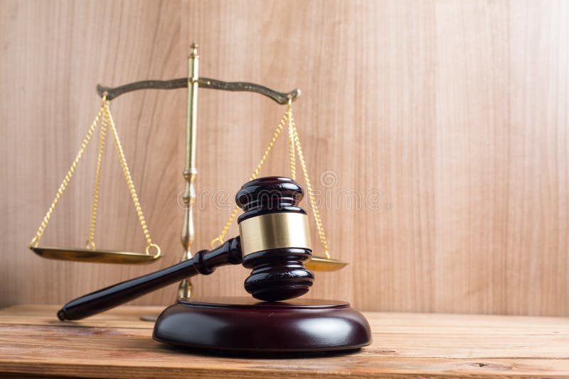 Wooden Judges Gavel Golden Scales Justice With Black Backgroun Stock