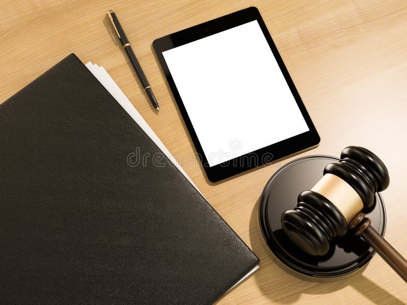 Wooden Judges Gavel and Tablet Computer on the Wooden Background Stock ...