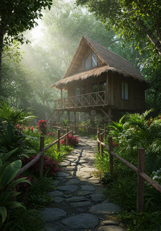 Wooden Jungle Hut with Stone Pathway Stock Illustration - Illustration ...