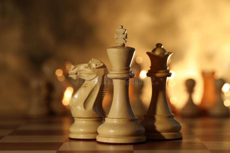 Wooden King, Queen and Knight on Chessboard, Closeup Stock Photo ...