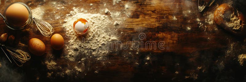 Wooden Kitchen Board with Scattered Flour and a Cracked Egg Adds a ...