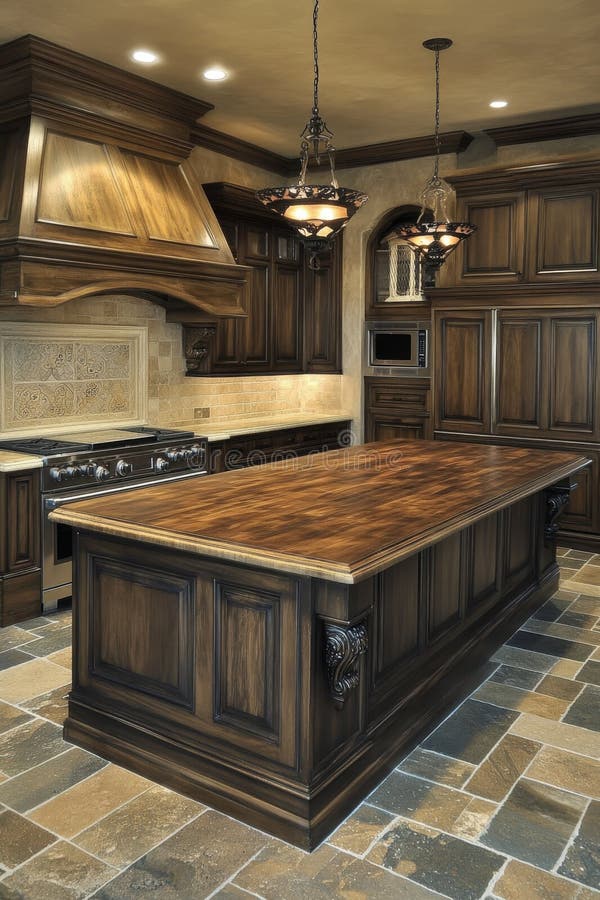 Wooden Kitchen with a Classic Range and Stone Floor in a Rustic Style ...