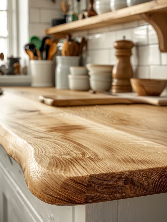 Wooden Kitchen Counter with Utensils and Supplies in a Tidy Kitchen ...
