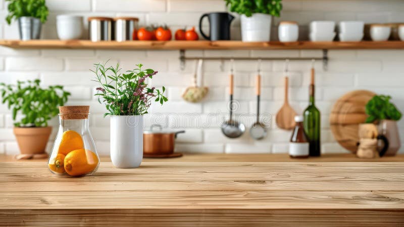 Wooden Kitchen Counters with Fresh Herbs, Spices, and Cookware Set ...