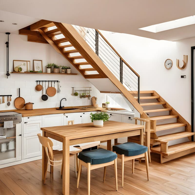 Wooden Kitchen Featuring a Table and Staircase Stock Illustration ...