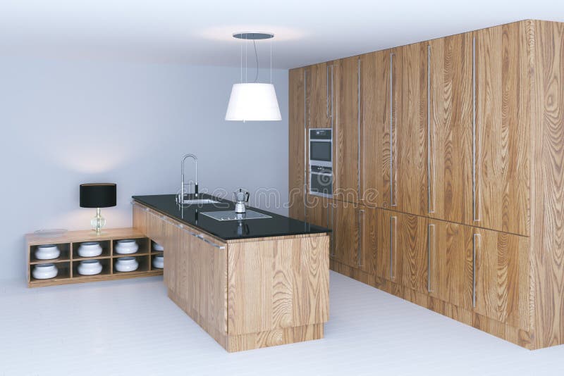 Wooden Kitchen Interior Design with White Flooring 3d Render Stock ...