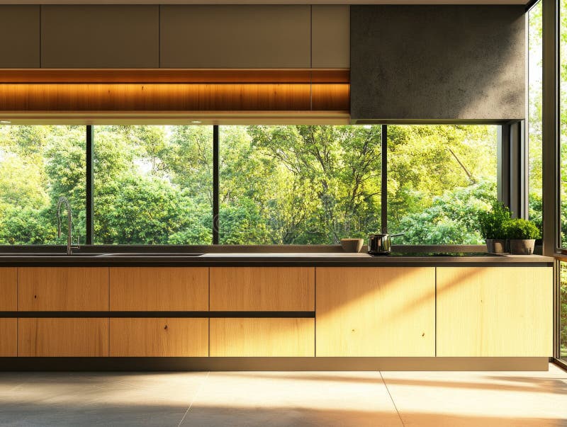 Wooden Kitchen with Large Window Stock Image - Image of cabinets ...