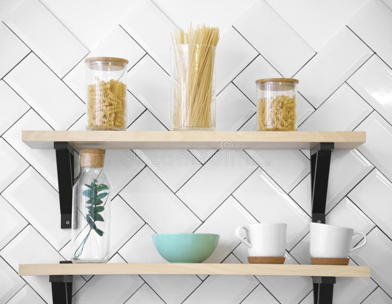 Wooden Kitchen Shelves with Cups and Glass Jars Stock Image - Image of ...
