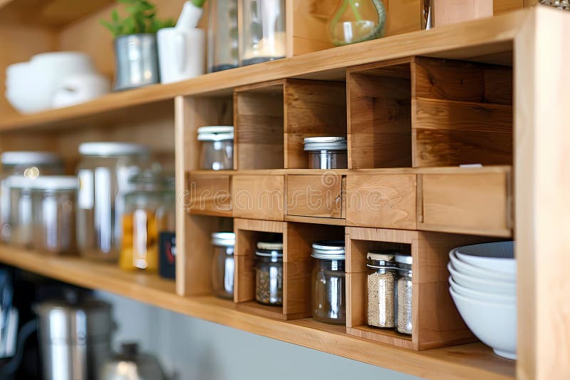 Wooden Kitchen Shelves with Storage Boxes and Jars for Spices. Ai ...