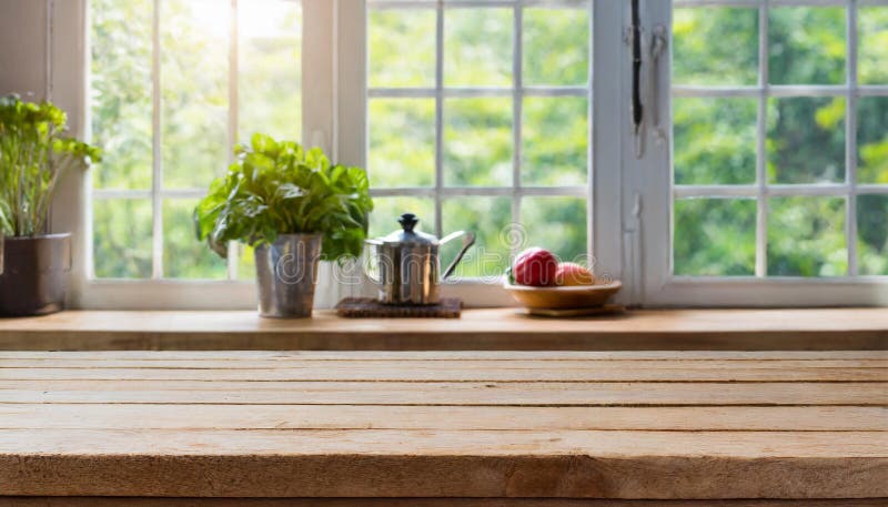 Wooden Kitchen Table with Background of Window for Product Display ...