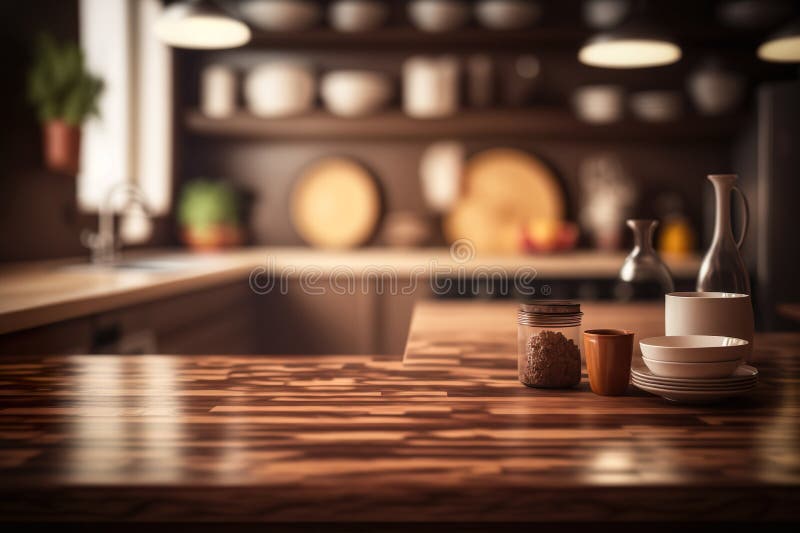 Wooden Kitchen Table Brown Textured Over Blurred Background ...