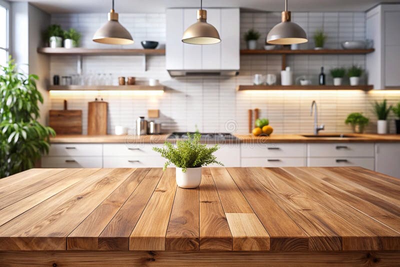Wooden Kitchen Table with Plant, Modern Kitchen Background Stock Image ...
