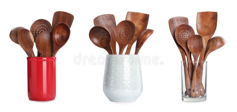 Wooden Kitchen Tool Set in Holders on White Background, Collage. Banner ...