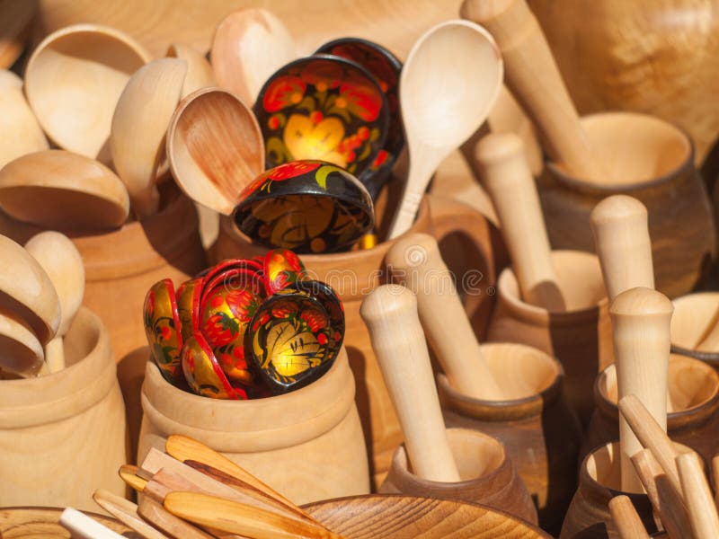 Russian Wooden Utensils Painted in Khokhloma Style. Traditional Russian ...