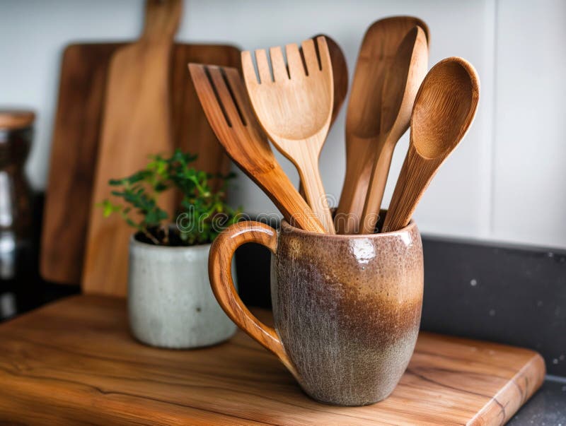Wooden Kitchen Utensils Background with Copyspace, Home Kitchen Decor ...
