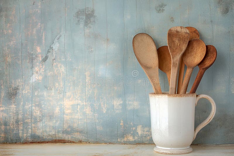 Wooden Kitchen Utensils Background with Copyspace, Home Kitchen Decor ...