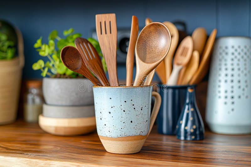 Wooden Kitchen Utensils Background with Copyspace, Home Kitchen Decor ...