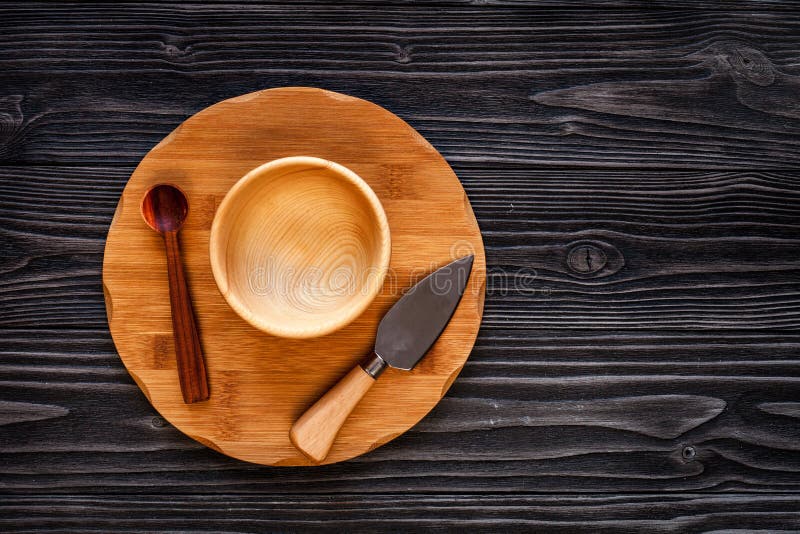 Wooden Kitchen Utensils on Dark Background Top View Stock Image - Image ...