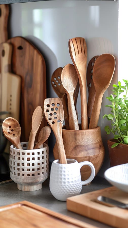 Wooden Kitchen Utensils in a Modern Kitchen.Natural Beauty Stock ...