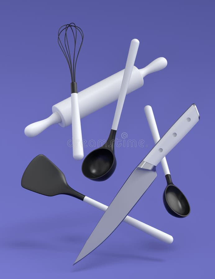 Wooden Kitchen Utensils, Tools and Equipment on Violet Background ...