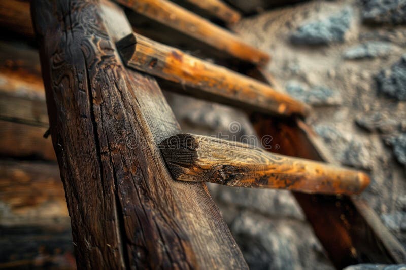 Wooden Ladder Against Stone Wall Stock Photo - Image of rustic, support ...