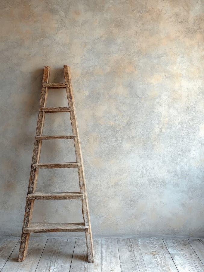 Wooden Ladder Against a Textured Wall with Empty Floor Space. Stock ...