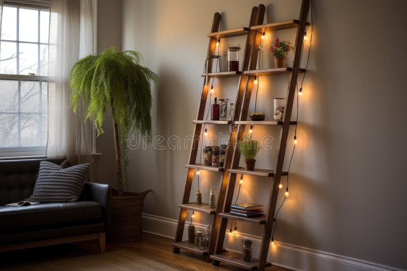 Wooden Ladder Bookshelf with Hanging Lights Stock Illustration ...
