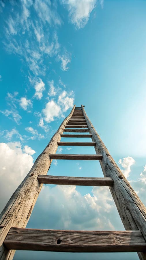 Wooden Ladder Extending Towards Clear Blue Sky with Clouds Stock Photo ...