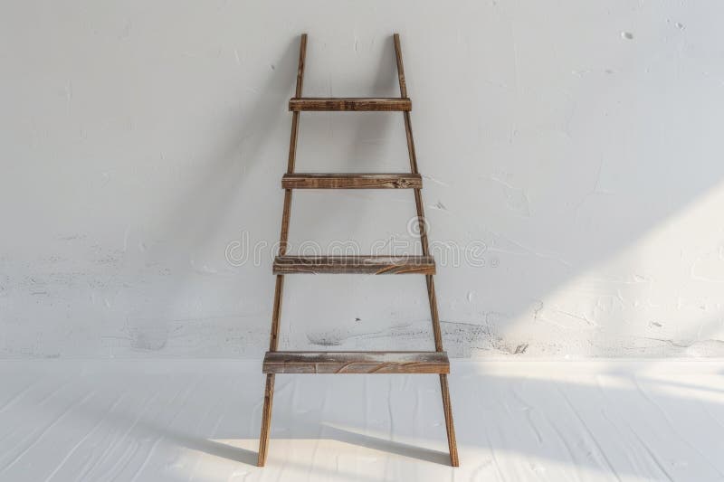 A Wooden Ladder Leaned Against a White Wall, Simple and Plain Stock ...