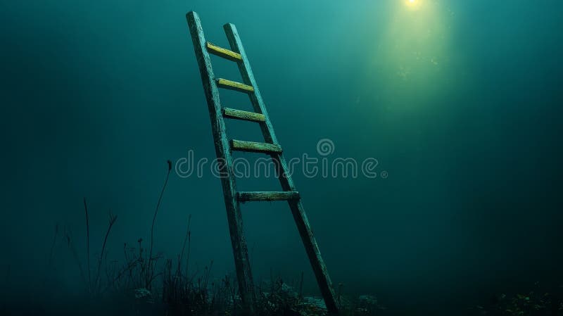The Submerged Ladders Ascent a Wooden Ladder Stands Underwater ...
