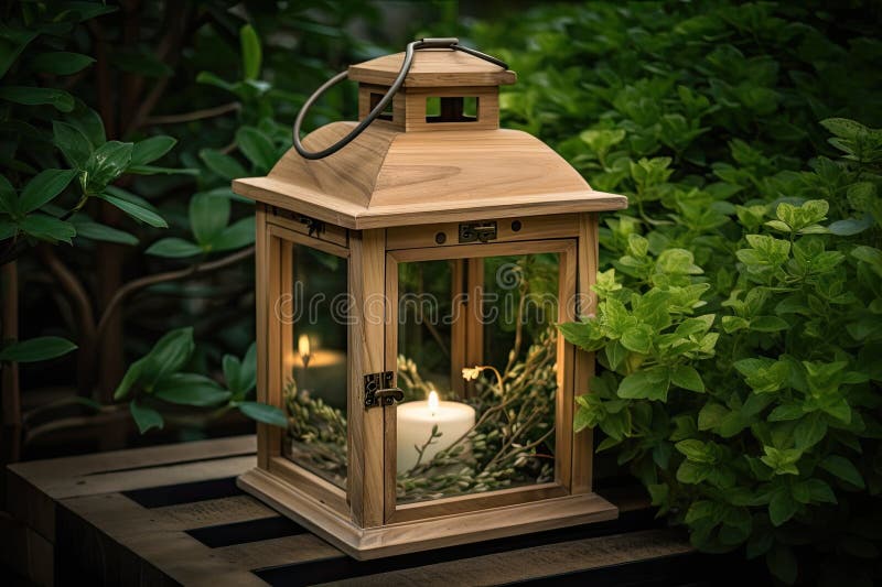 Wooden Lantern with Tea Light and Greenery for Tranquil Garden Setting ...