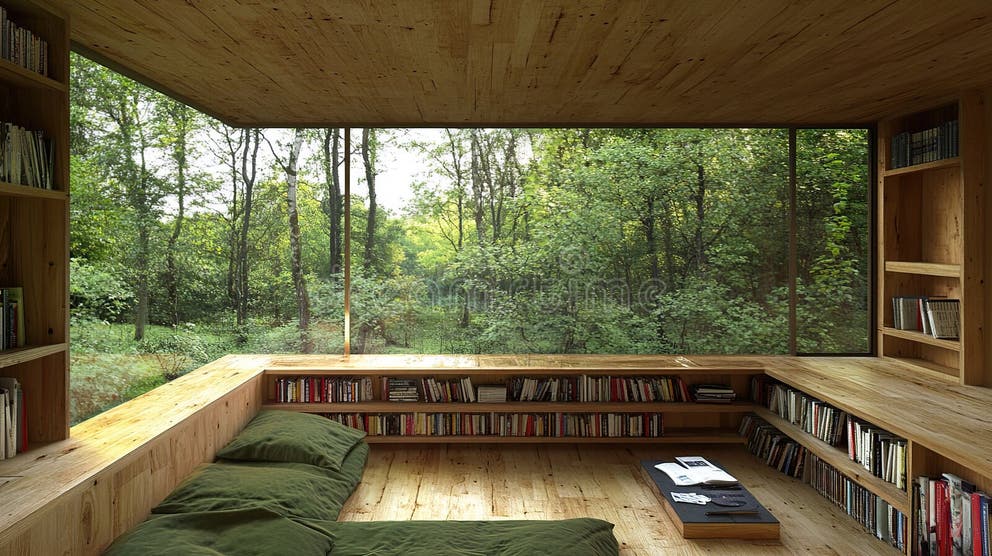 Wooden Library Forest View Reading Room Design Stock Photo - Image of ...