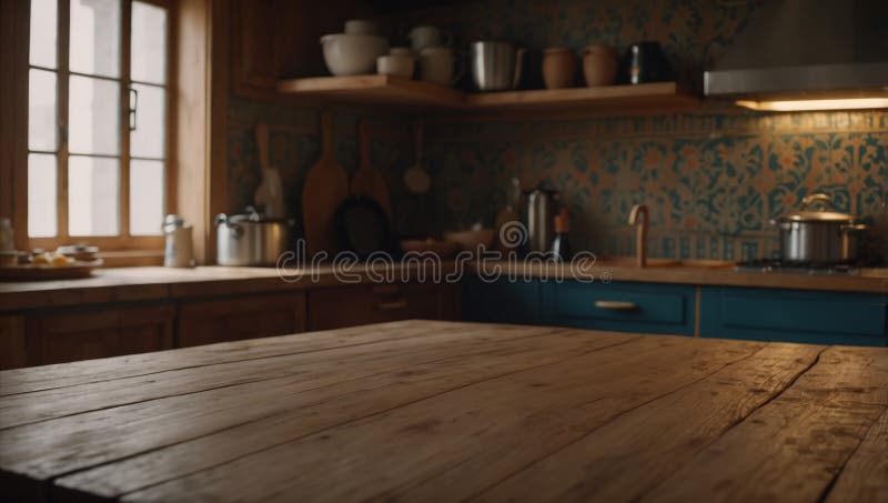Wooden Light Empty Table Top in Modern Kitchen, Moroccan Oriental Style ...