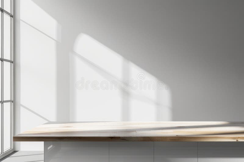 Wooden Light Empty Table Top in Modern White Kitchen, Kitchen Panel in ...