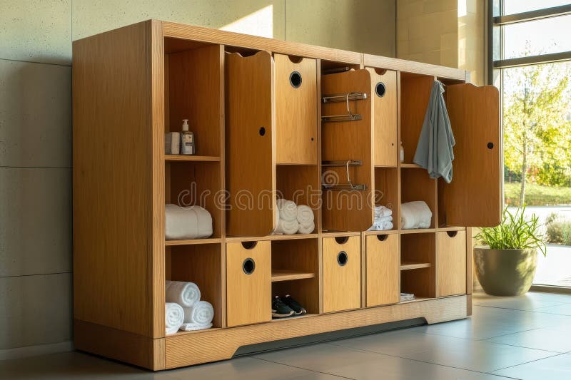 A Wooden Locker Unit with Towels and Personal Items, Designed for a Spa ...