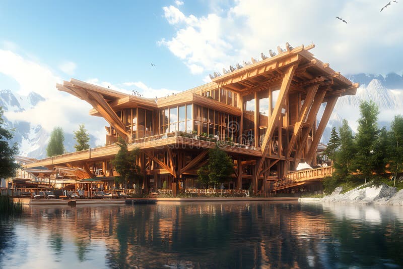 Wooden Lodge by the Lake in the Mountains Stock Illustration ...